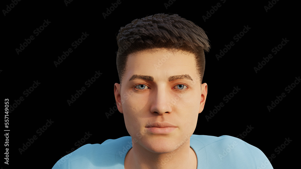 a portrait of a 3d man. a 3d man with blue eyes. the face of a young 3d ...