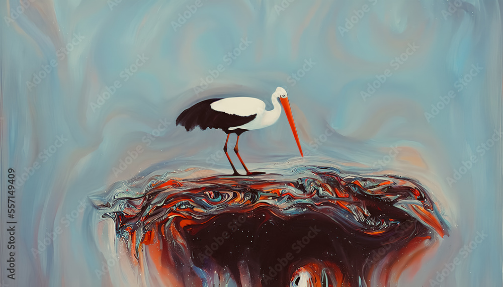 This abstract painting captures the beauty and majesty of a stork, with ...