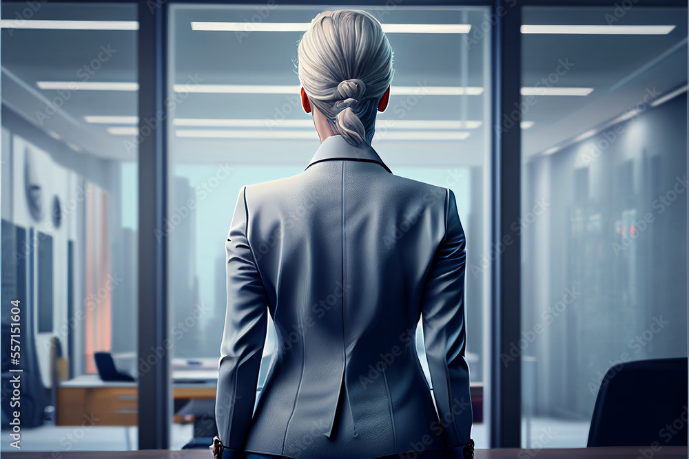 Businesswoman in office, back view. This woman has sung in business ...