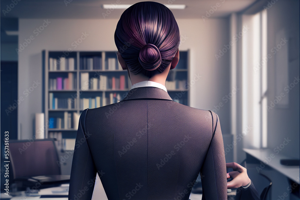 Businesswoman in office, back view. This woman has sung in business ...