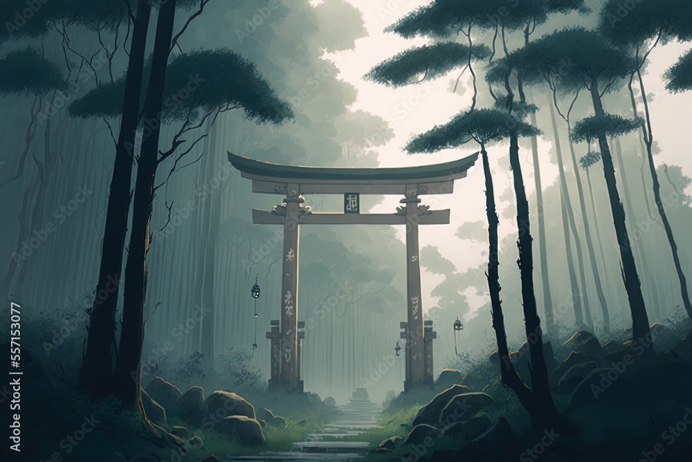Overcast Torii woodland, anime wall paper, visual concept. Generative ...