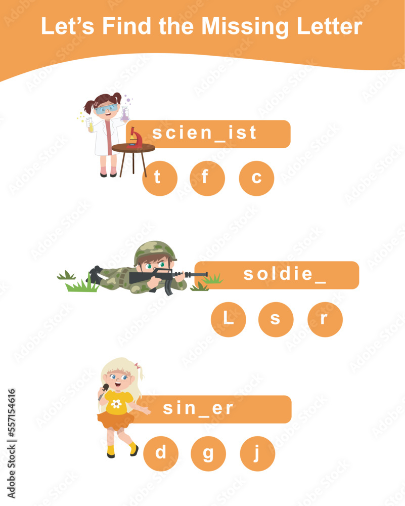 Missing letter worksheet with kids’ dream profession. Educational ...