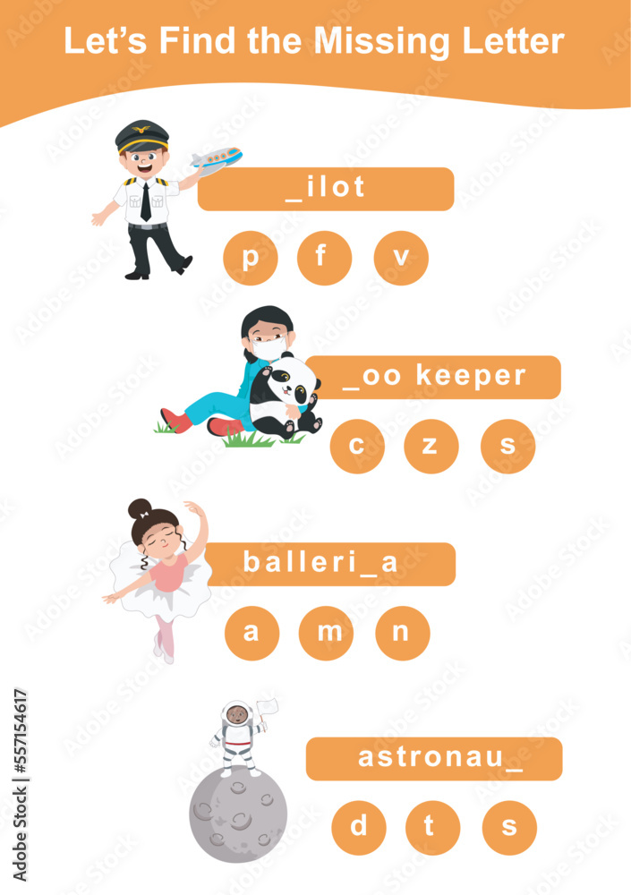 Missing letter worksheet with kids’ dream profession. Educational ...
