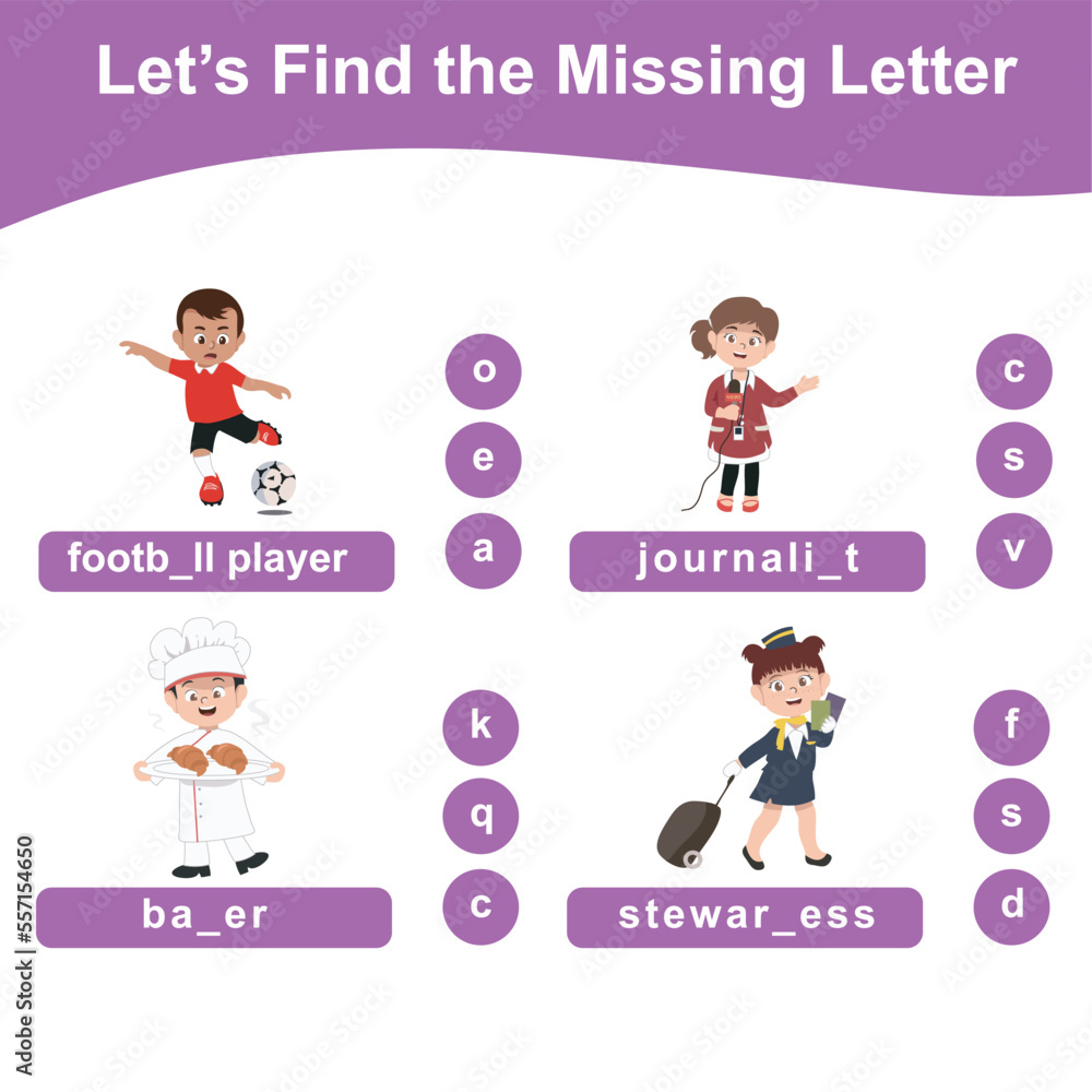 Missing letter worksheet with kids’ dream profession. Educational ...