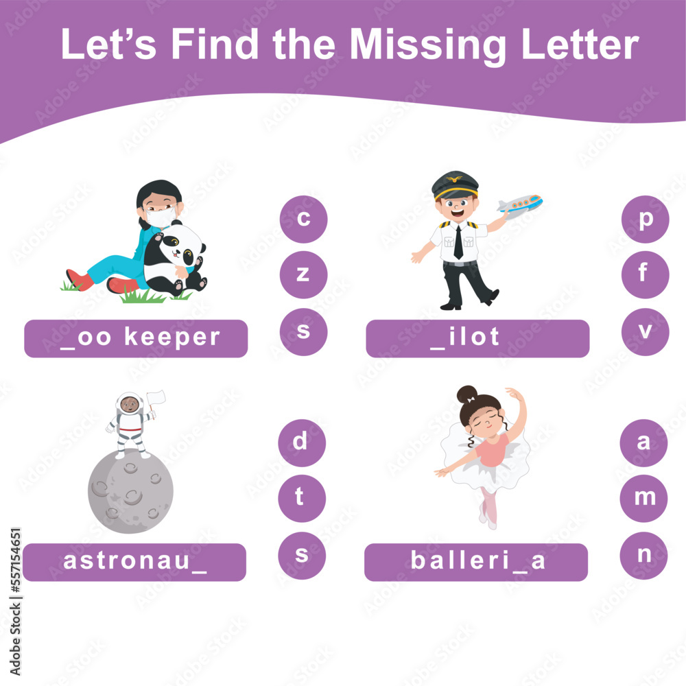 Missing letter worksheet with kids’ dream profession. Educational ...