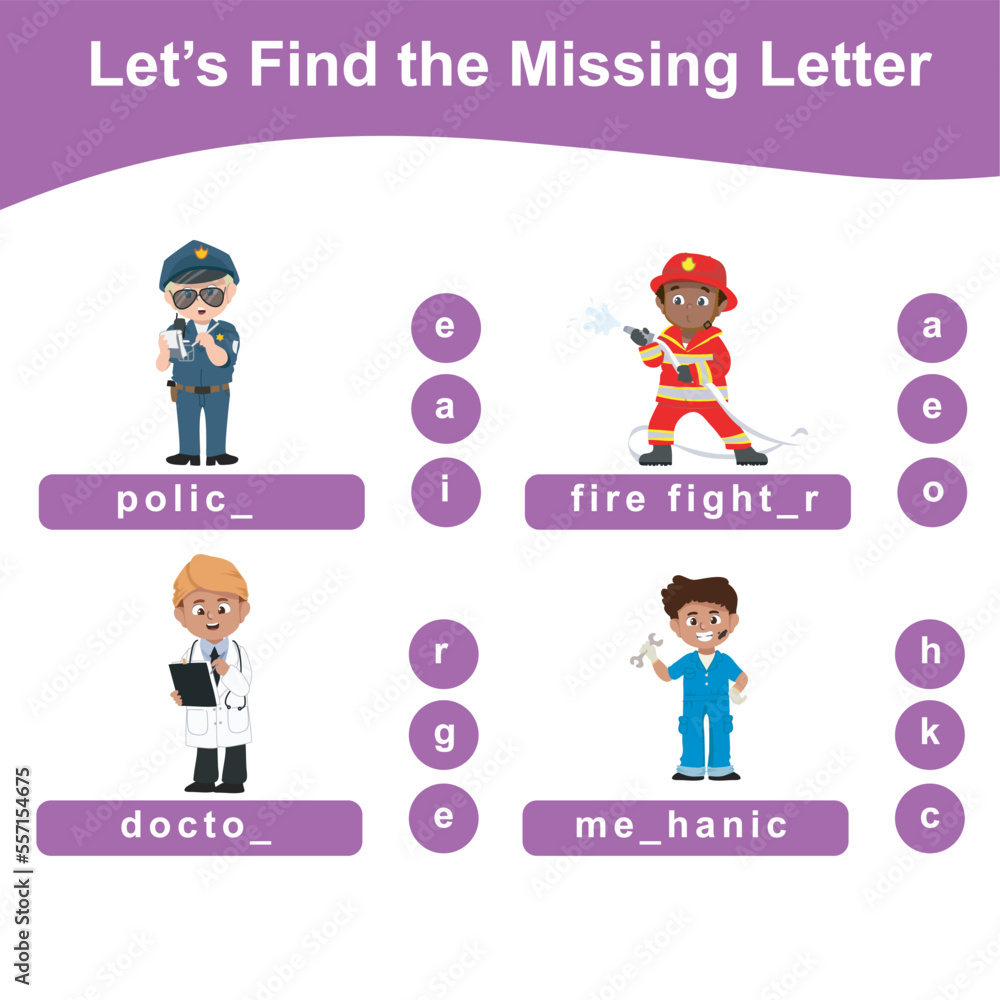 Missing letter worksheet with kids’ dream profession. Educational ...