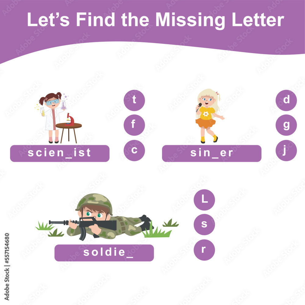 Missing letter worksheet with kids’ dream profession. Educational ...