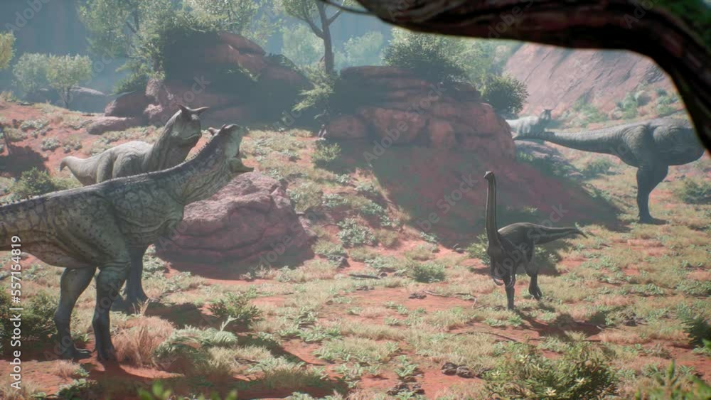 Vidéo Stock Gallimimus Dinosaur Walks among Carnotaurus in a ...