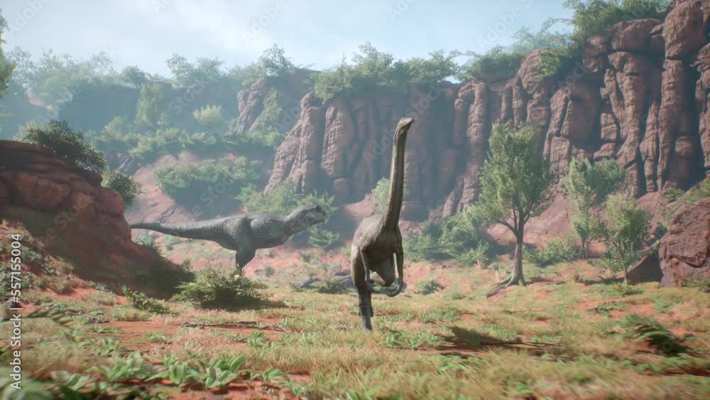 Gallimimus Dinosaur Walks in a Prehistoric Wasteland among Carnotaurus ...