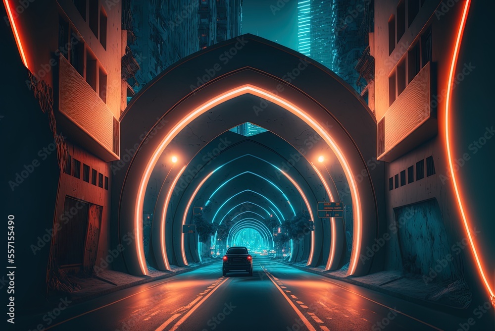 Utopian city street that emerges from a tunnel at an arch. Incredibly ...