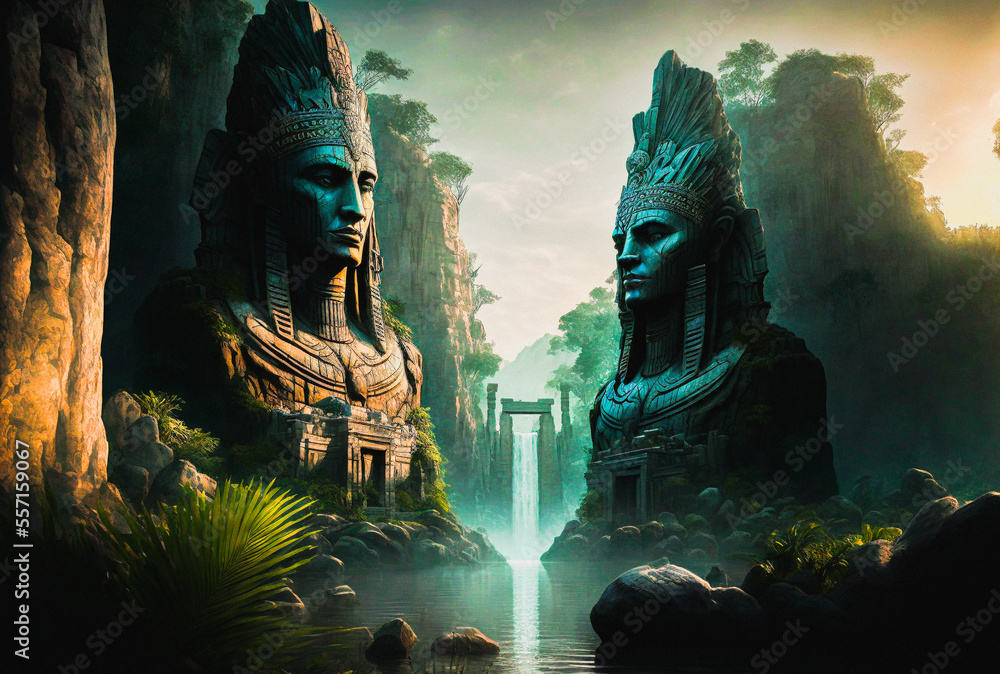 Giant aztec or maya statue guardian next to water in a tropical ...