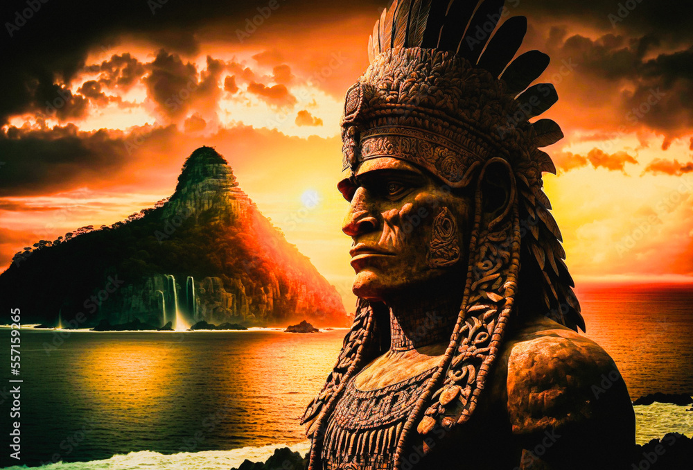 Giant aztec or maya statue guardian next to water in a tropical ...