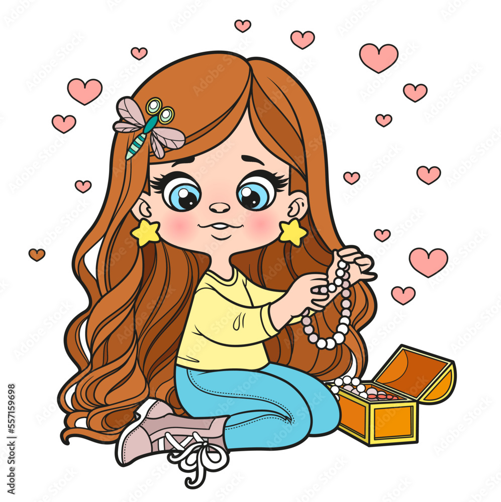 Cute cartoon long haired girl silit and measures jewelry from the ...