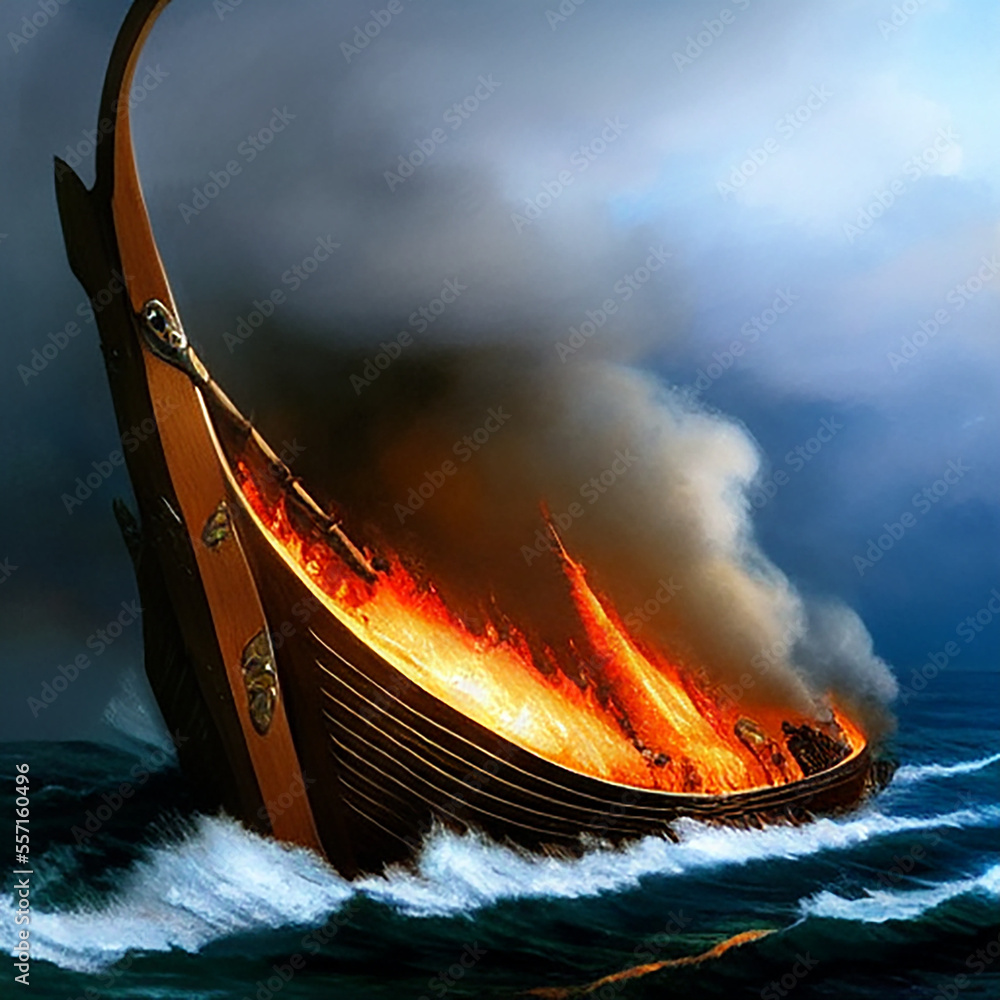 viking boat on fire in the ocean - generative ai illustration Stock ...