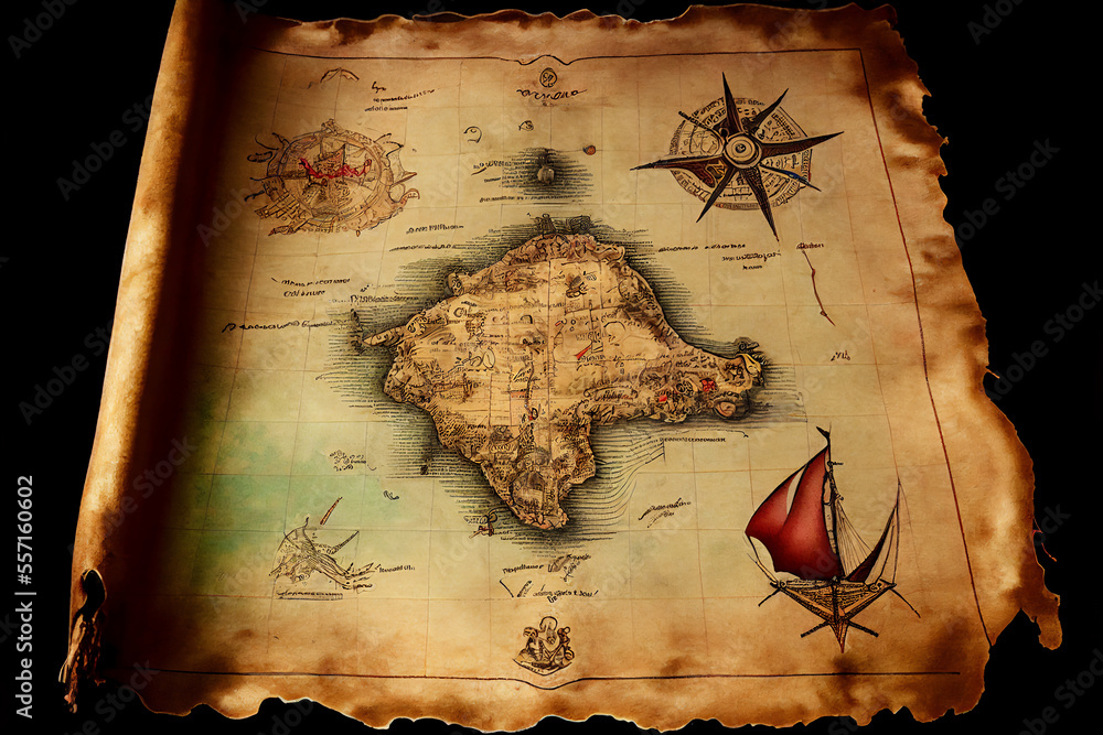 Antique pirate treasure map for the location of a hidden gold fortune ...