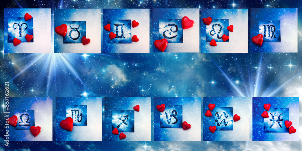 cards with all zodiac signs and red hearts over blue background with ...