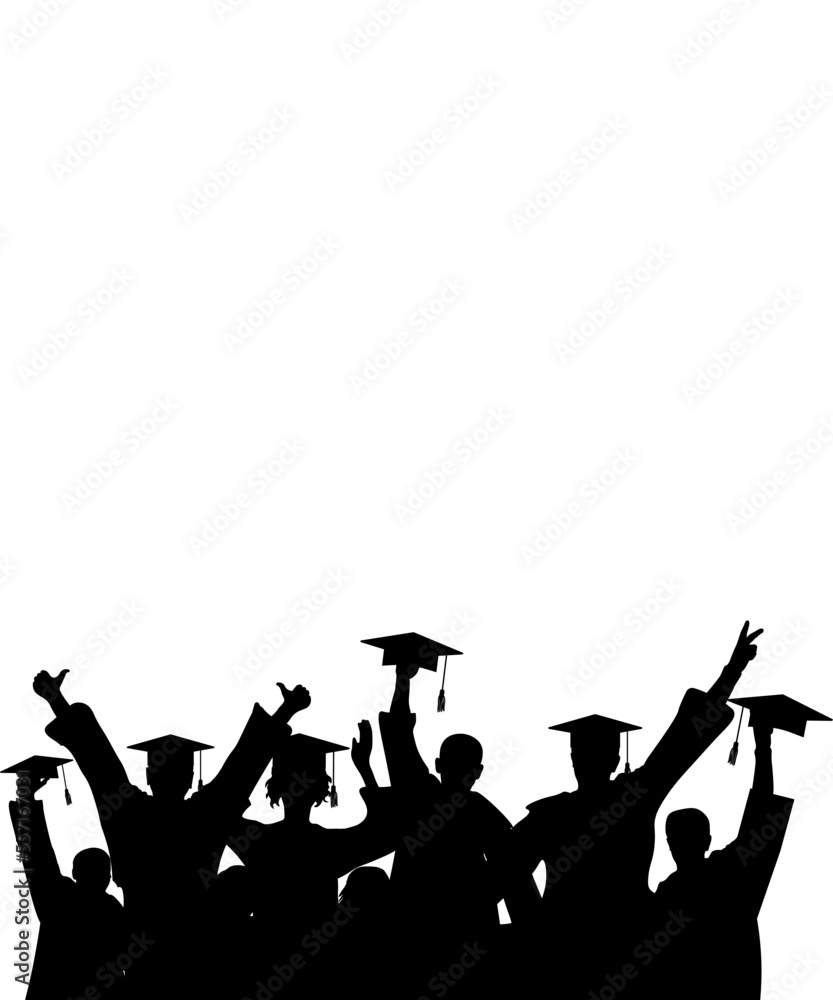 Cheerful graduate students with academic caps, silhouette. Graduation ...