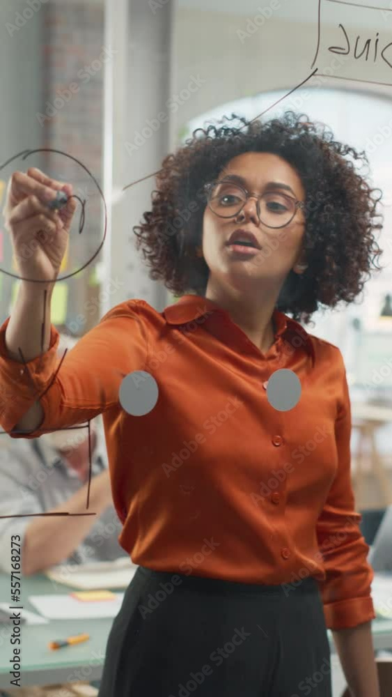 Female Executive Outlining Plan on a Glass Blackboard, Drawing with ...