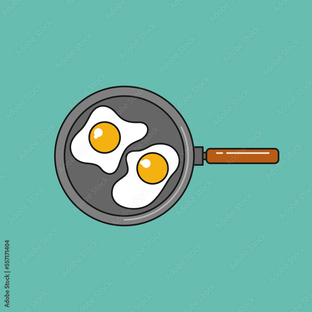 The illustration shows a broken chicken egg in a frying pan. Image of ...