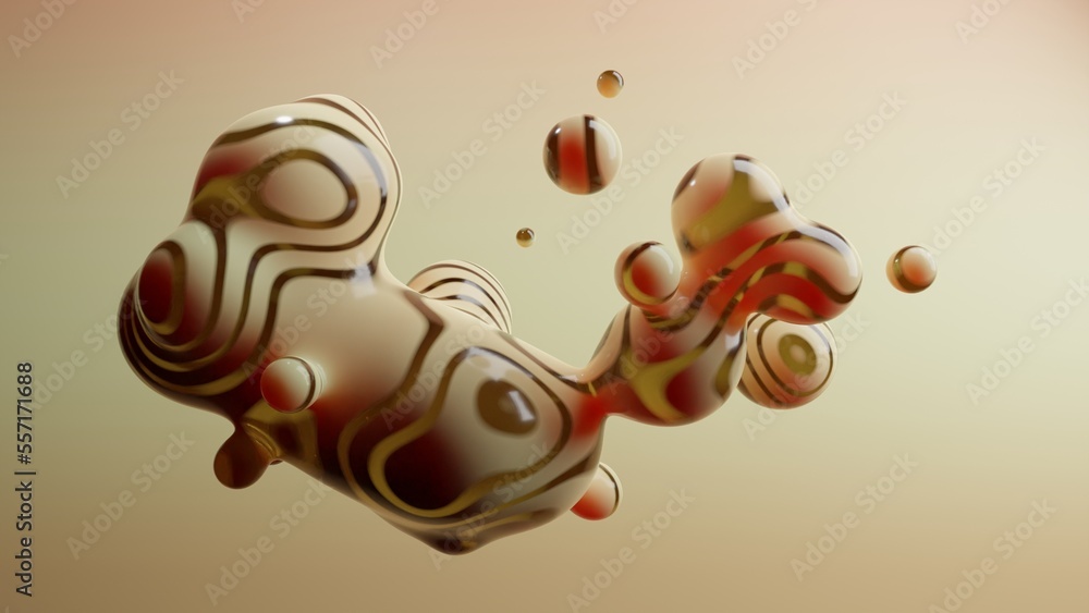3d rendering of multiple droplets in zero gravity. Drops with bends and ...