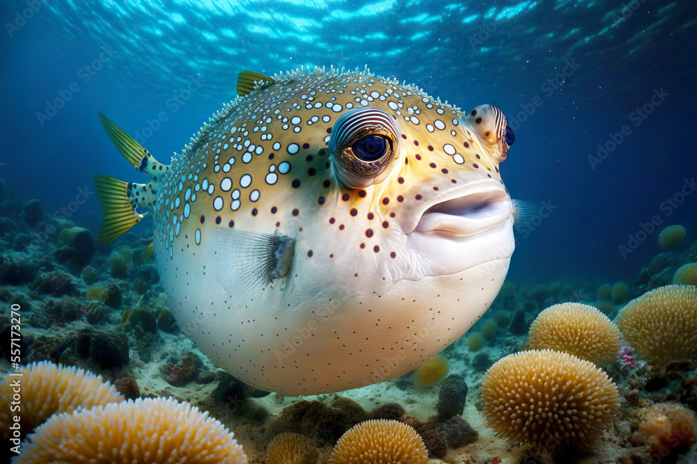 Balloon-like inflated puffer fish in blue seawater Stock 일러스트레이션 ...
