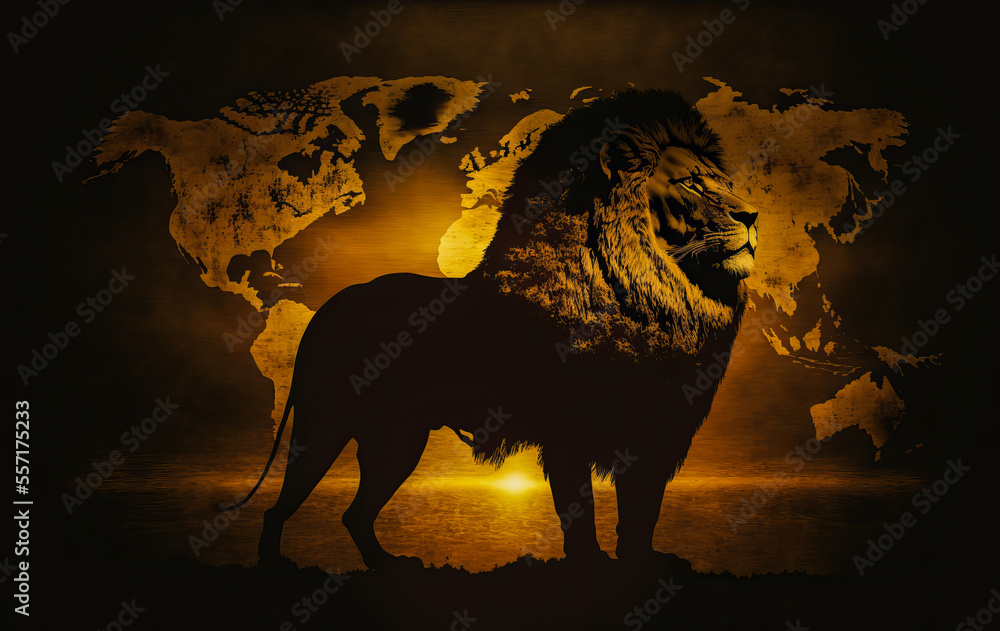 Silhouette of a majestic lion in front of a world map in the colors of ...