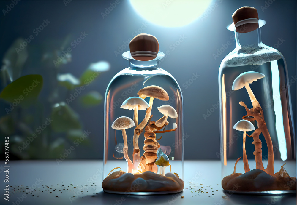 Science and biotechnology concept. Growing of mushrooms in laboratory ...