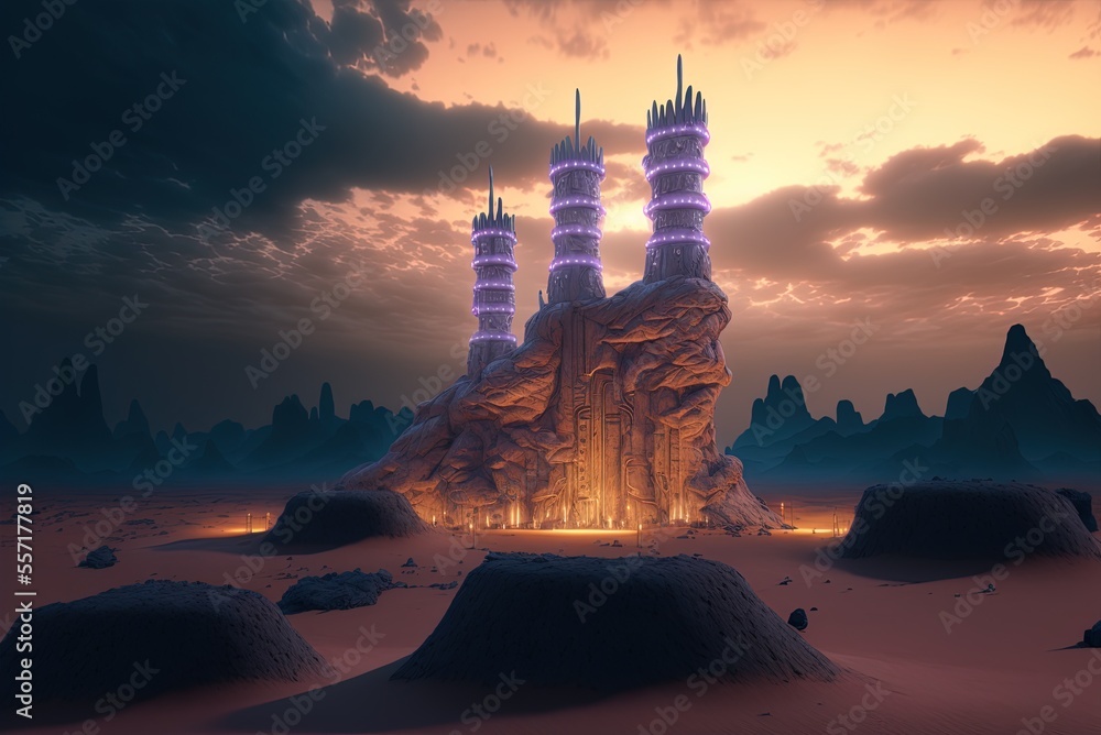 Technological stronghold of the future. A lone outpost in the desert ...