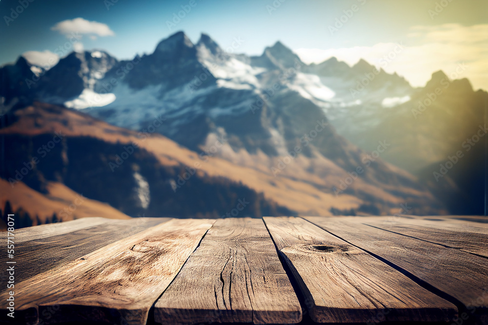 Wooden table background with landscape of mountains and wildlife ...