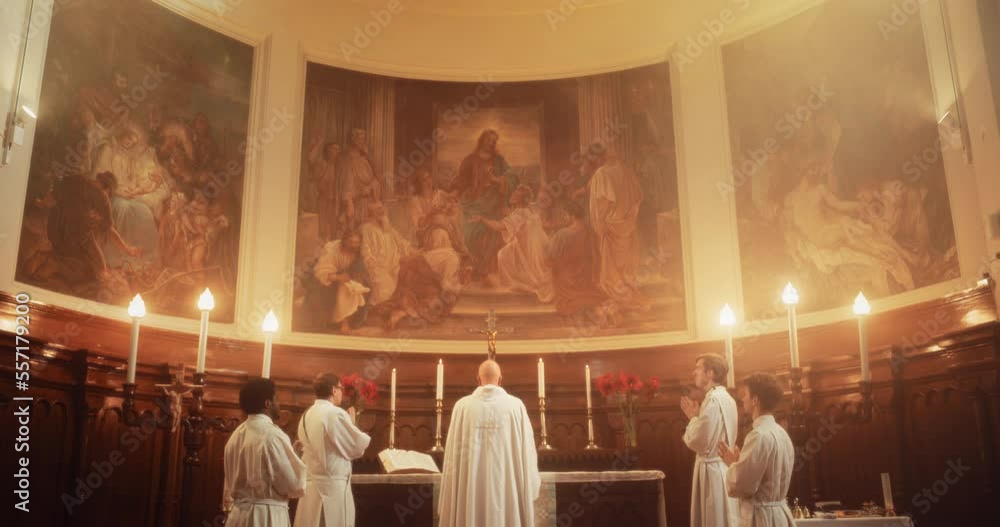 In Grand Old Church at the Altar Ministers Lead The Eucharist, Sacred ...