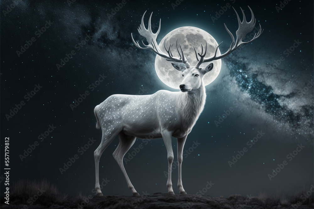 Fairytale background of a white stag standing on starry night with full ...
