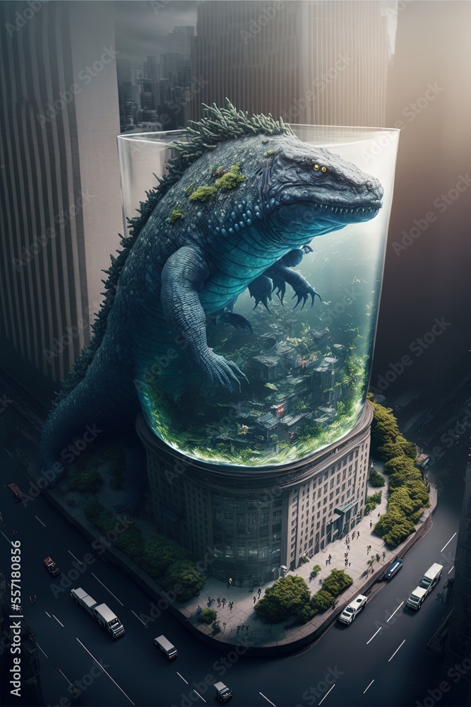 An aerial view of a godzilla in a giant fish tank shaped like a tower ...