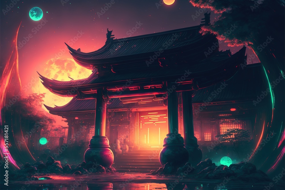 A Japanese shinto temple surrounded by the planets of the solar system ...