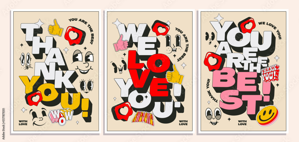 Set of grateful posters or cards with gratitude and admiration and ...