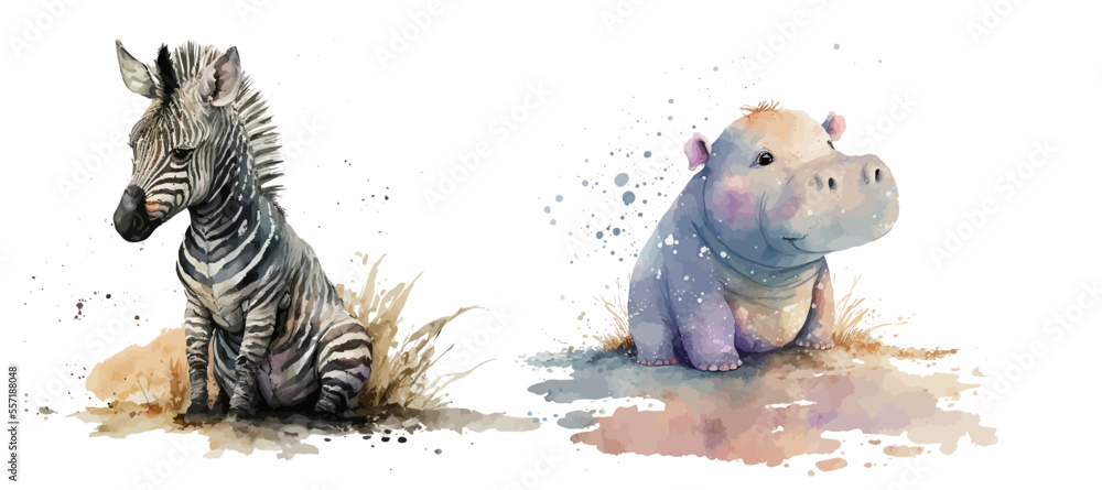 Safari Animal set zebra and hippo in watercolor style. Isolated vector ...