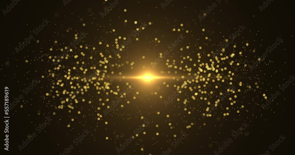 Golden luxury bokeh on widely spread particles floating in the air. Dust and glitter particles ...