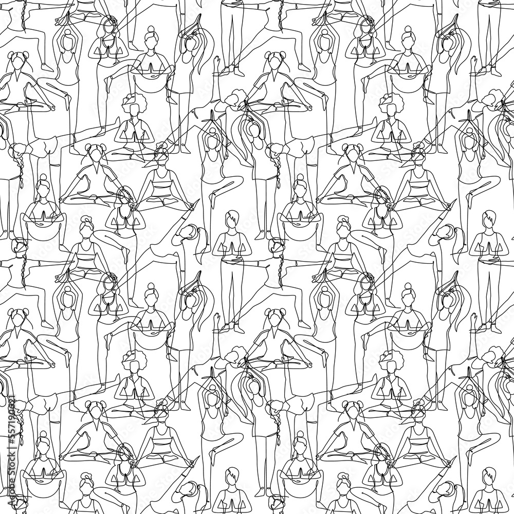 Seamless pattern with single line drawings of a girl sitting and ...