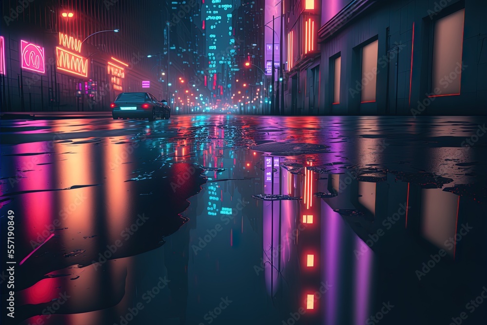 Urban scenery of the future. Wet nighttime scene. The metropolis is ...