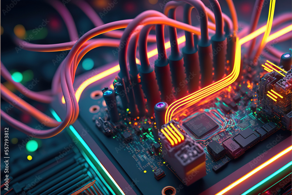 printed circuit board with processor and glowing lights, futuristic ...