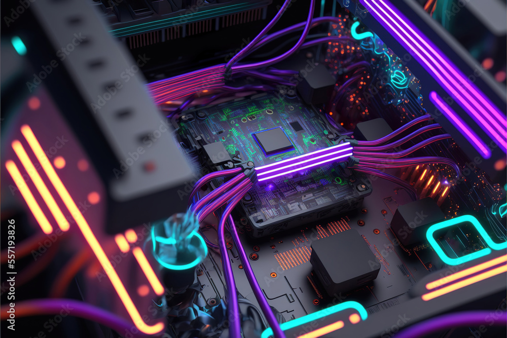 printed circuit board with processor and glowing lights, futuristic ...