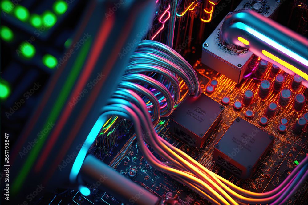 printed circuit board with processor and glowing lights, futuristic ...
