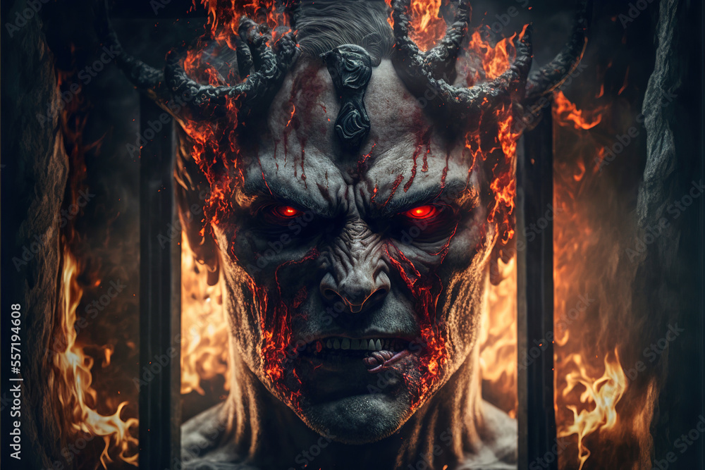 portrait of the satan in front of the gates of hell with flames and ...