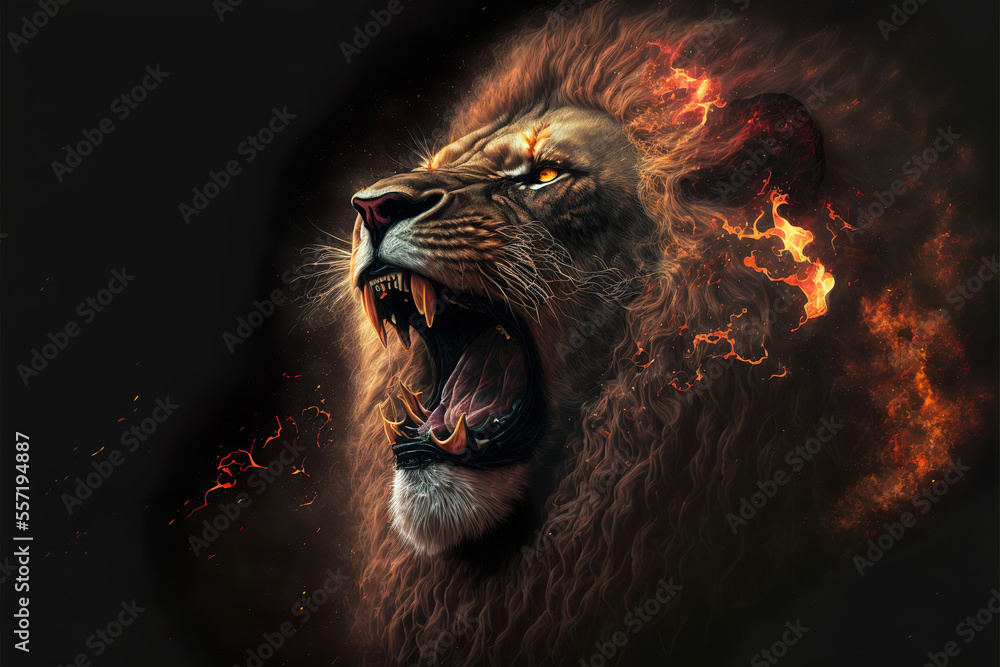 roaring mighty fantasy lion with flames and glowing lights, generative ...