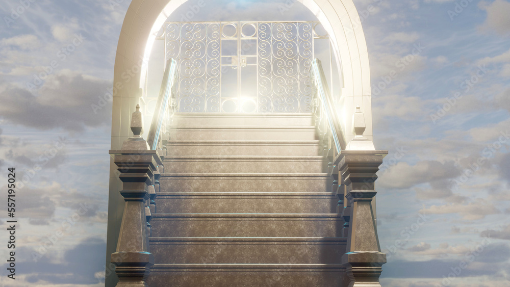 Stairway to Heaven. Golden stairs with Heavens gate. Religious ...