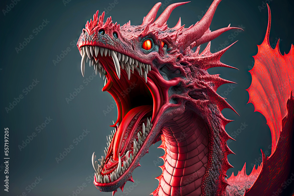 Fabulous Chinese red dragons have opened their toothy mouth wide and ...