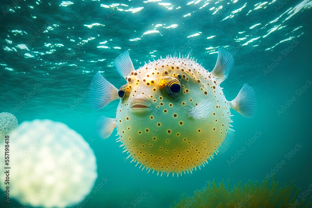 Balloon-like puffer fish with sharp spikes in illuminated water Stock ...