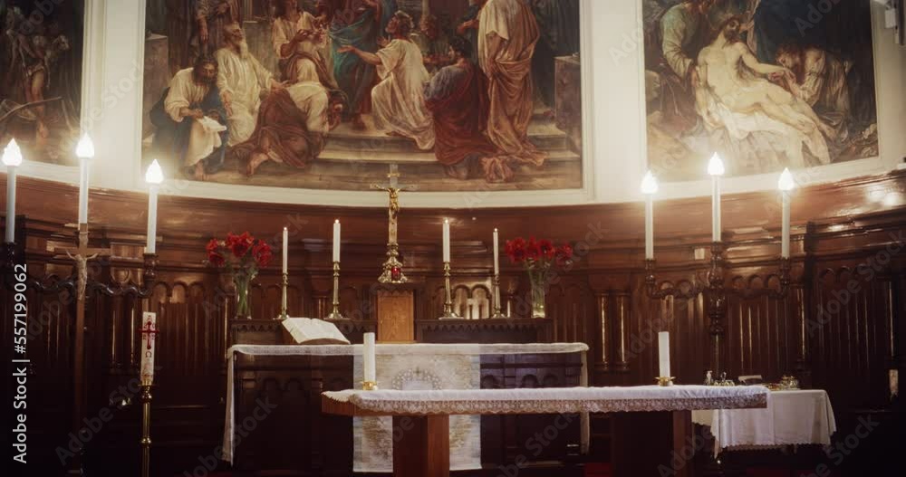 Cinematic Camera Showing an Altar in a Church, Showing Wall Paintings ...