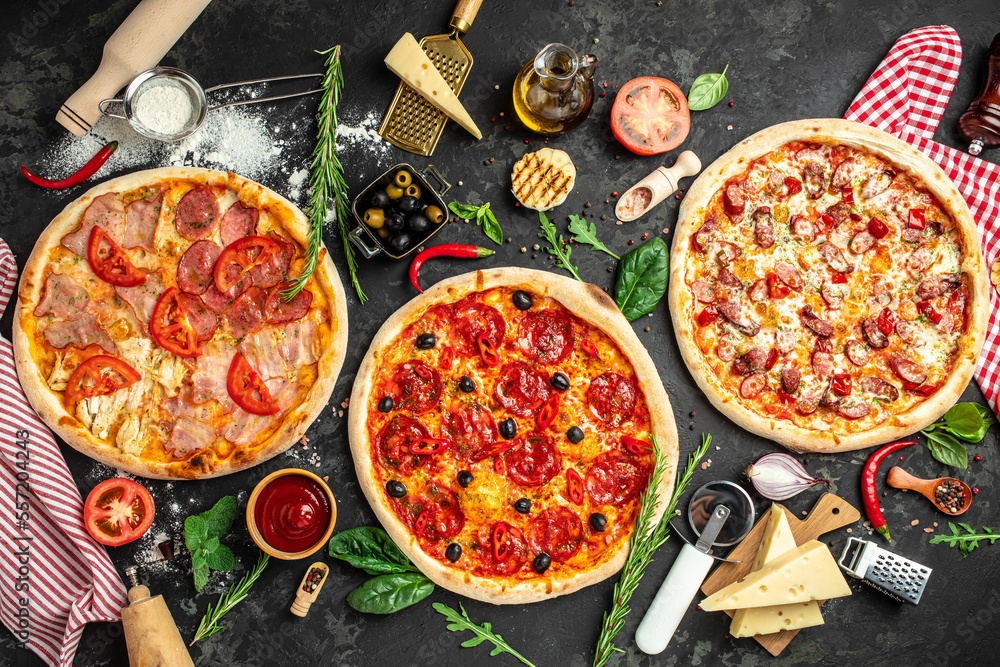 Set Pizza background. various kinds of Italian pizza, Fast food lunch ...