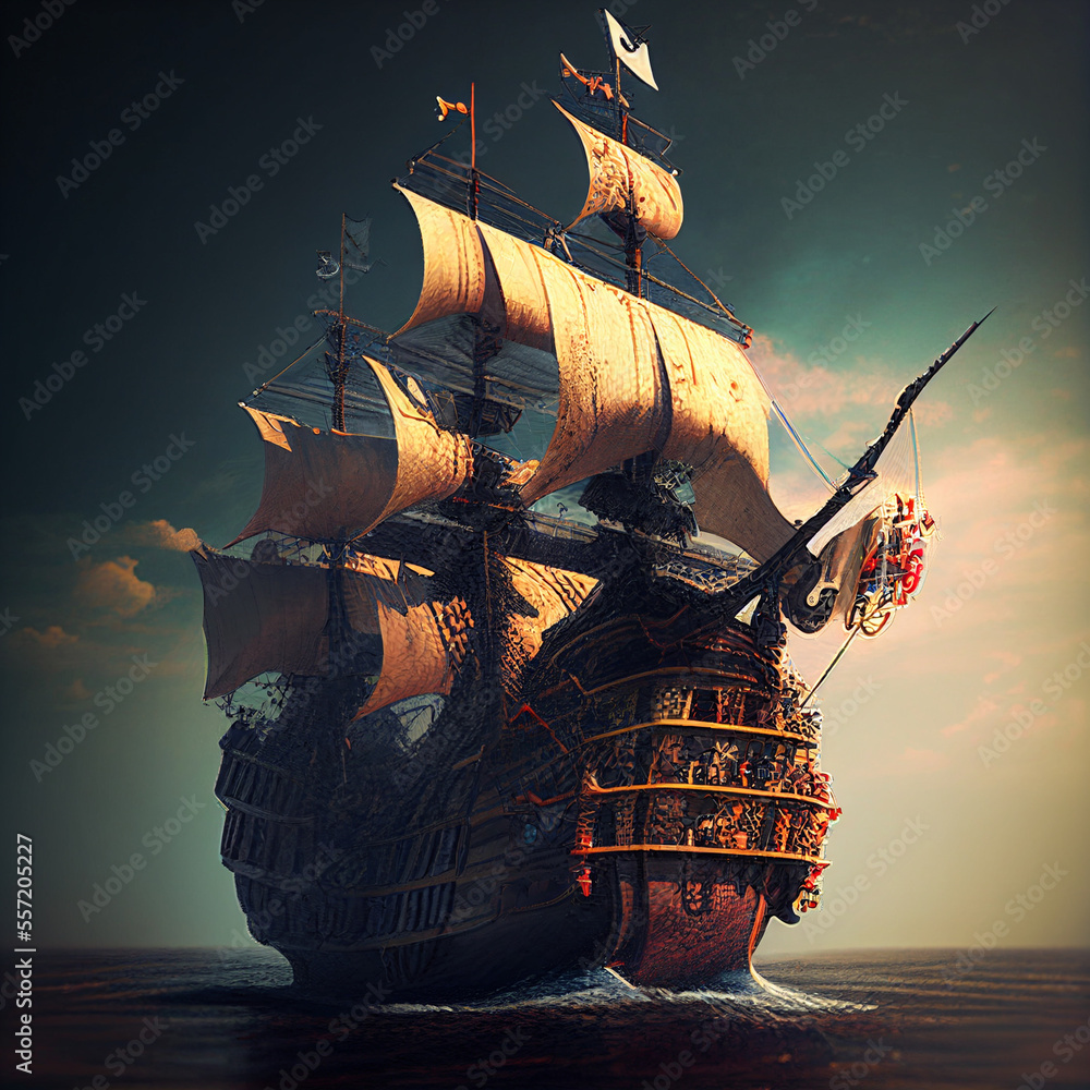 Ship with raised sails at sea. Pirate ship Stock Illustration | Adobe Stock
