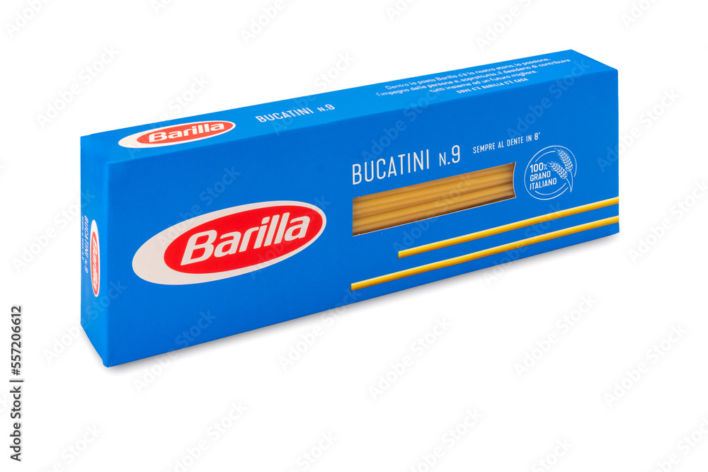 Italy - december 22, 2022: Barilla pasta bucatini box packaging, big ...